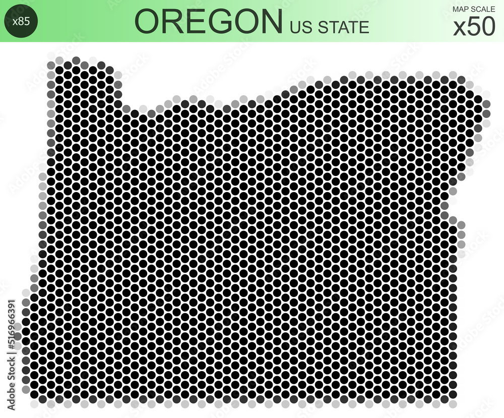 Dotted map of the state of Oregon in the USA, from circles placed in ...