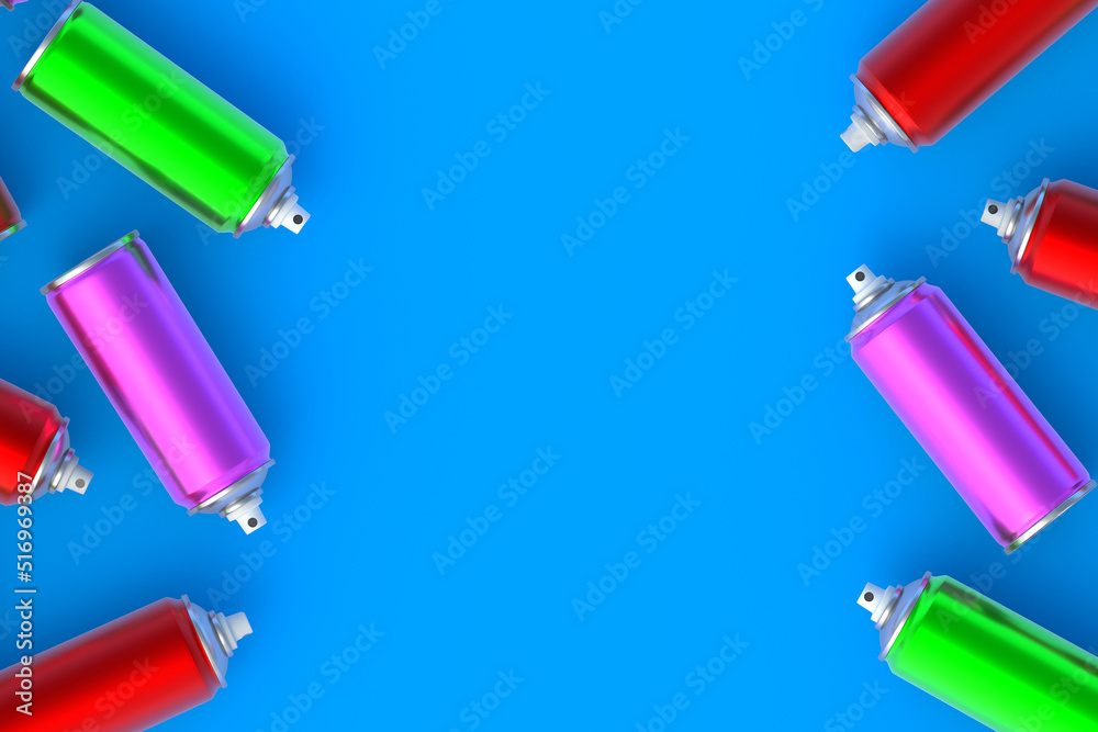 Strewn metallic cans of spray paint. Hairspray or lacquer. Disinfectant ...