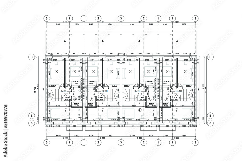 Townhouse building detailed architectural technical drawing, vector ...