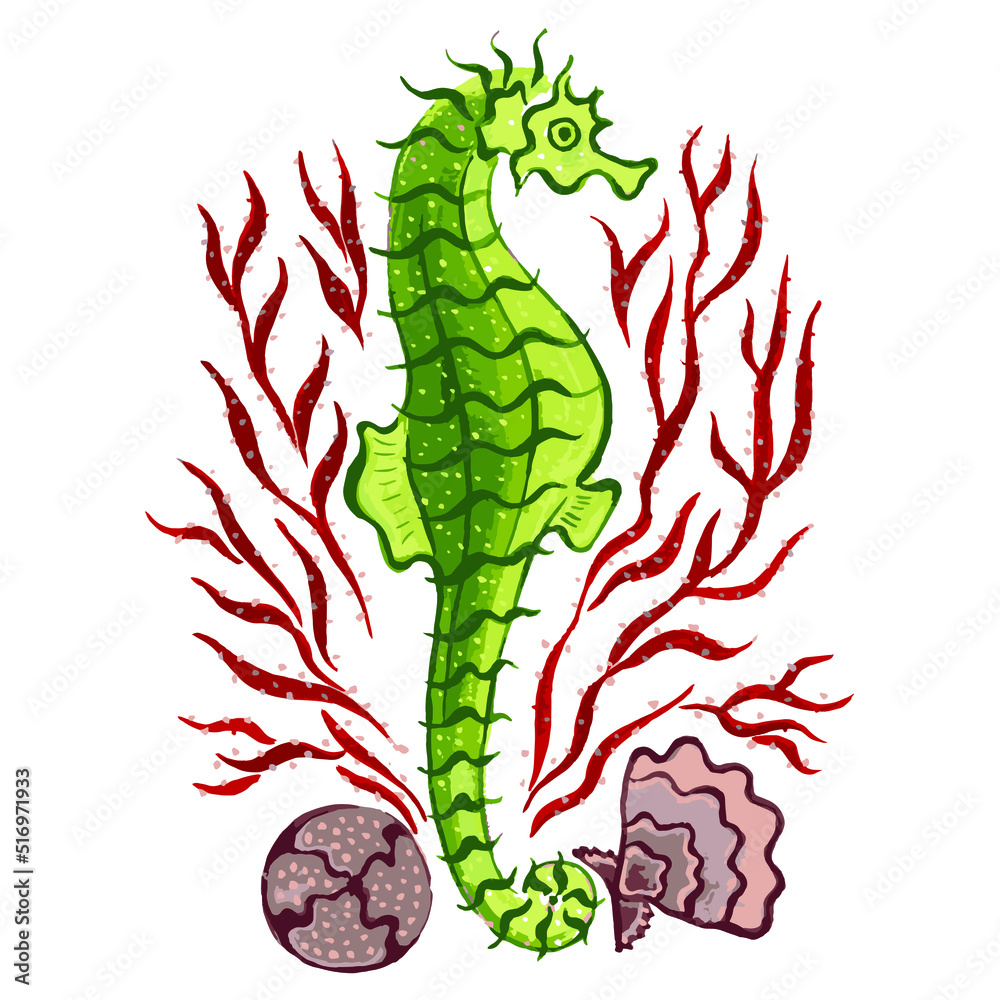 Pattern with red coral seashells and seahorse. Underwater wildlife ...
