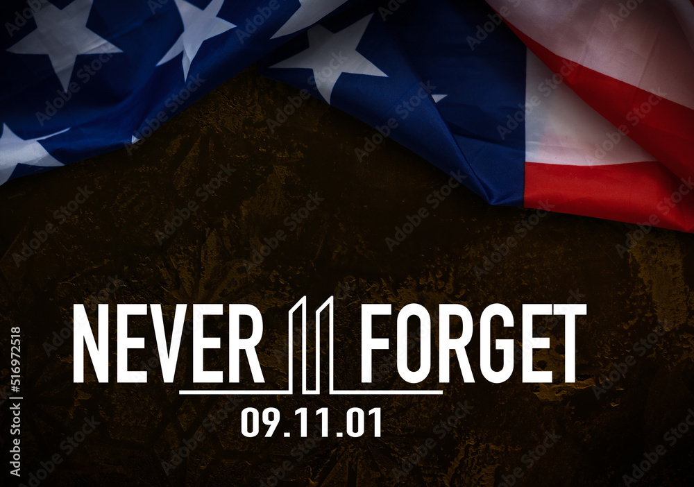9.11 Patriot Day logo with Twin Towers on american flag. USA Patriot ...