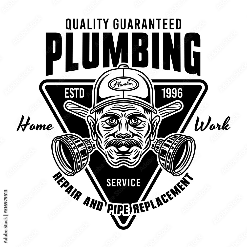 Plumbing service and pipe replacement vector vintage emblem, label ...
