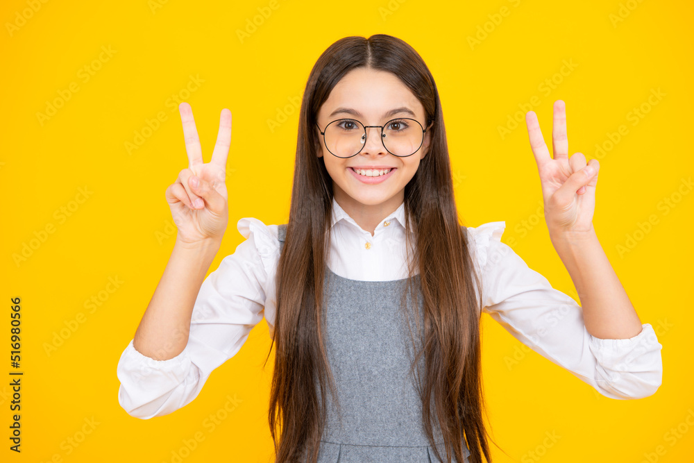 Teenager child girl showing fingers victory sign. Number two, v-sign ...