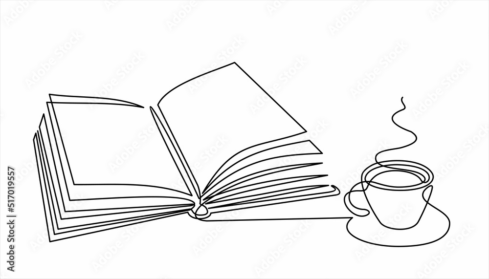 Continuous line drawing of book and coffee, vector illustration, one ...