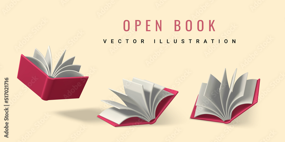 Cute cartoon open book. Realistic 3d book with shaddow on white ...