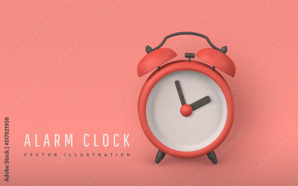 Cute cartoon red alarm clock. 3d realistic table clock with shaddow ...
