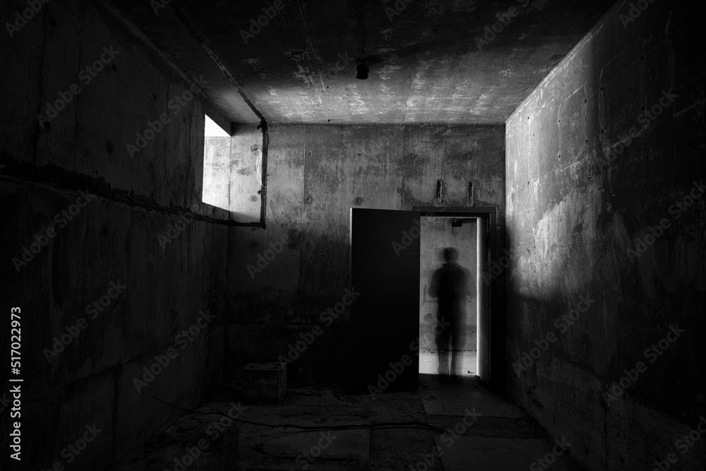 Blurred human silhouette in a doorway of a dark room in grayscale Stock ...