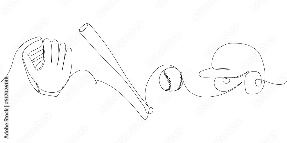 Baseball set with helmet, bat, ball, glove one line art. Continuous ...