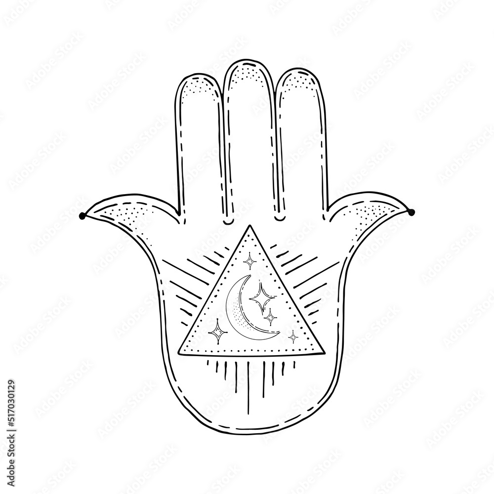 Hand of Fatima. Palm with five fingers. Pyramid triangle Masons. Lunar ...