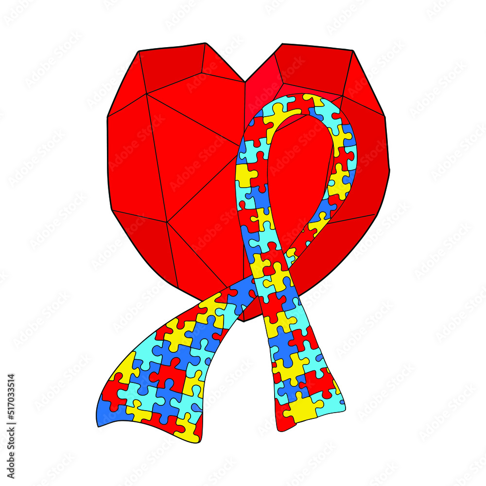 Vector illustration of a heart with a ribbon, symbolism of autism ...