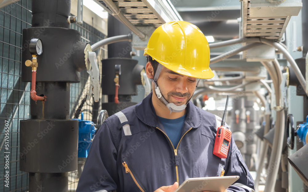 An engineer man or worker, people working in industry factory. Chiller ...