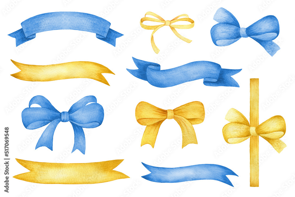 Watercolor set of banner and bow. Isolated. Template for card ...