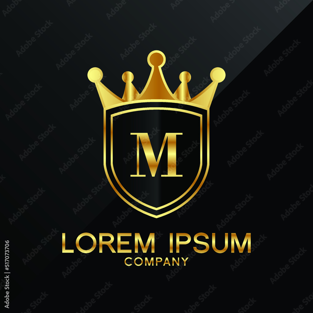 Letter M crest logo Alphabet logotype shield crown gold vector design ...