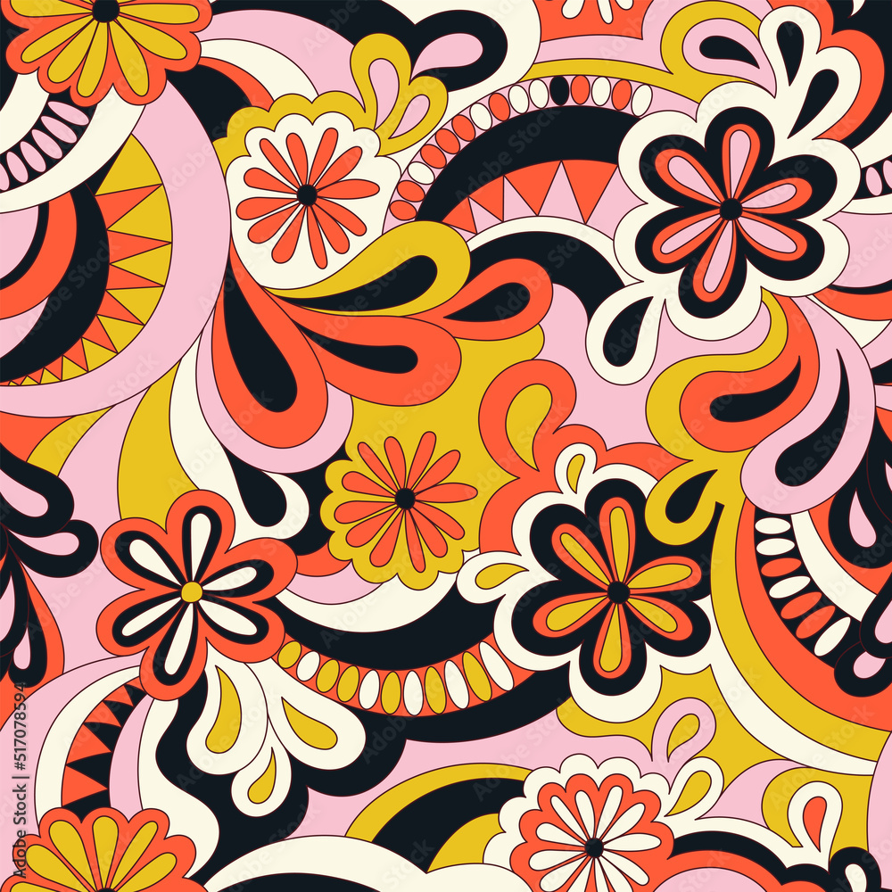 Psychedelic hippie seamless pattern. Vector nostalgic retro 60s groovy ...