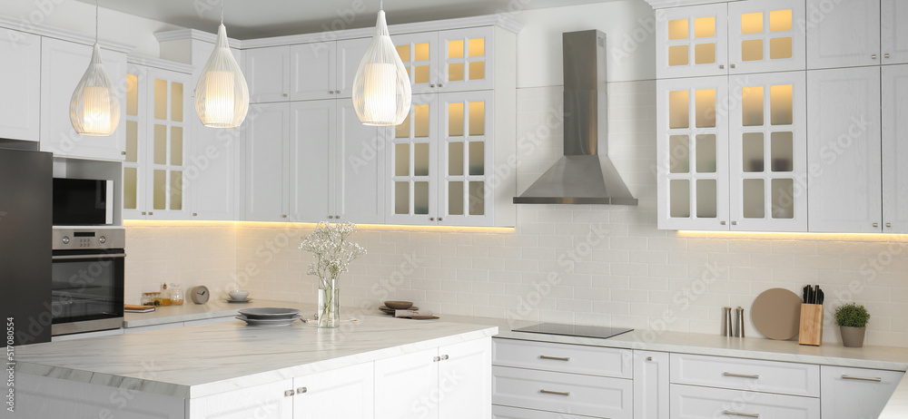 Beautiful kitchen interior with new stylish furniture. Banner design ...