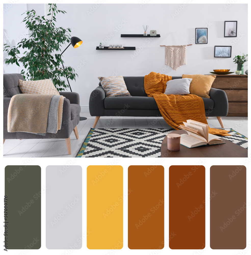Color palette and photo of stylish living room interior. Collage Stock ...