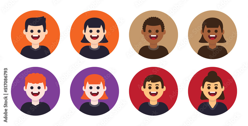 Diversity skin color avatar icon set. Male and female portraits, vector ...