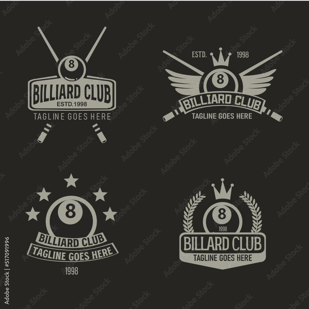 Set of billiard monochrome logos and emblems isolated in black colour ...