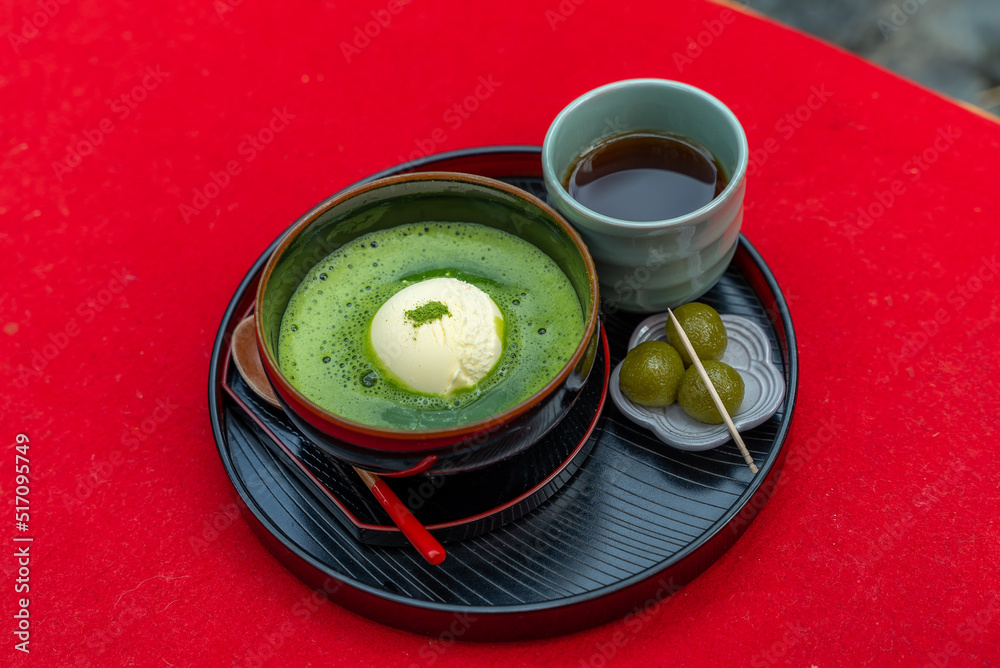 Matcha Green Tea with Wagashi and Icecream Set, Uji Kyoto Stock Photo ...