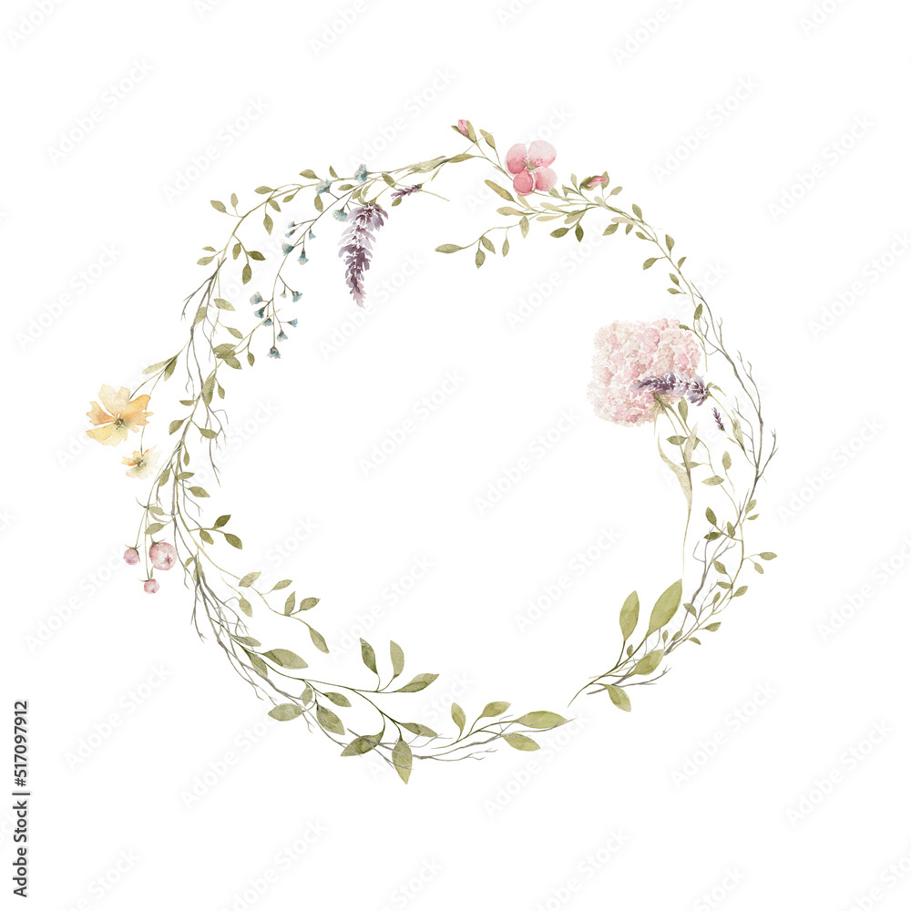 Watercolor floral wreath. Hand painted frame of greenery, wildflowers ...