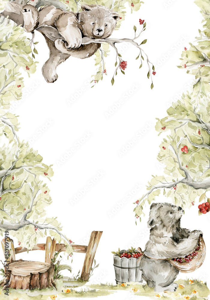 Watercolor nursery frame. Hand painted woodland border of cute baby ...