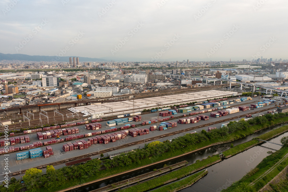 Shipping Containers and Japanese High Speed Trains, Aerial View Stock ...