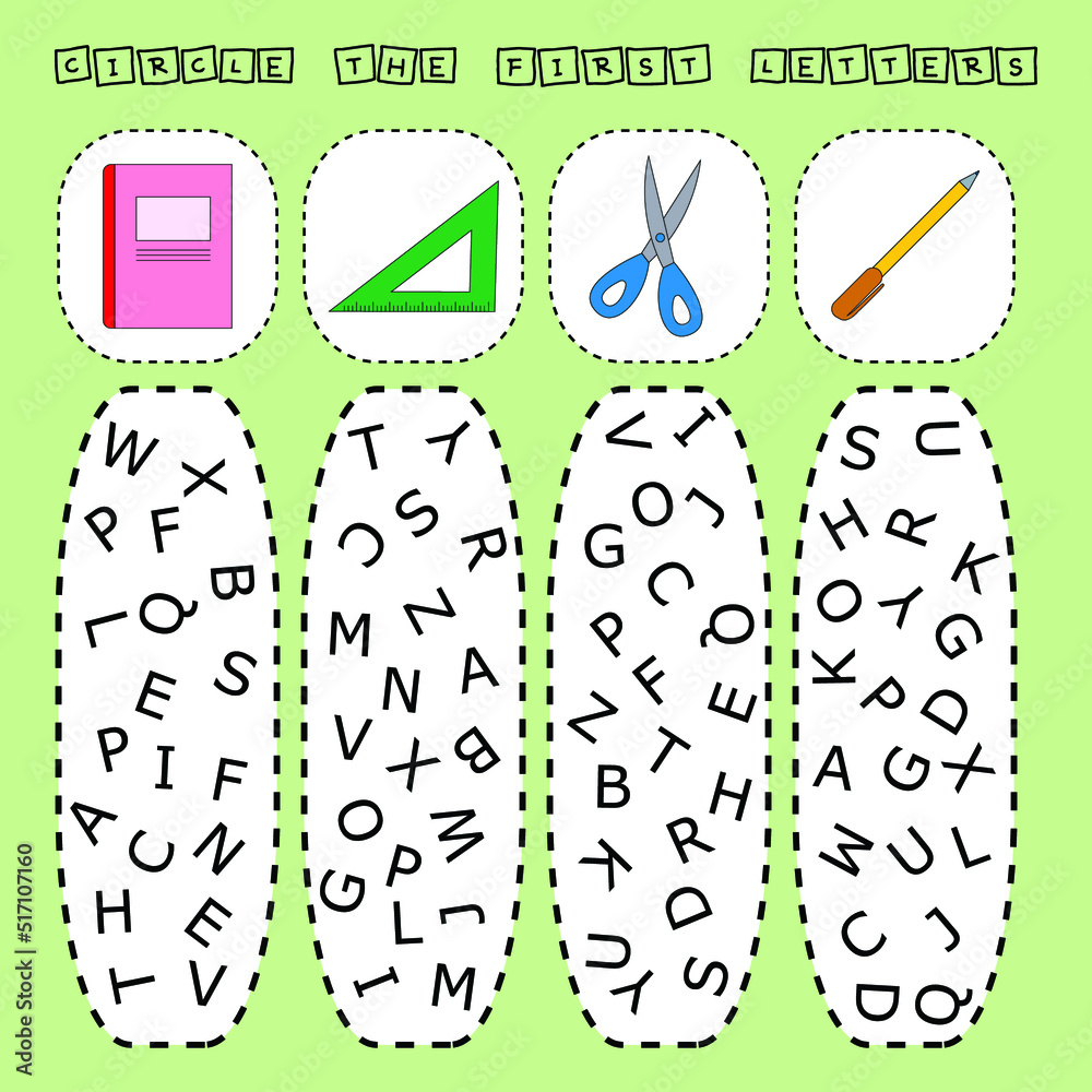 Find the first letter of the school suppliers. Educational game for ...