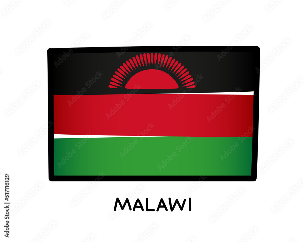 Flag of Malawi. Colorful Malawian flag logo. Black, red and green brush ...
