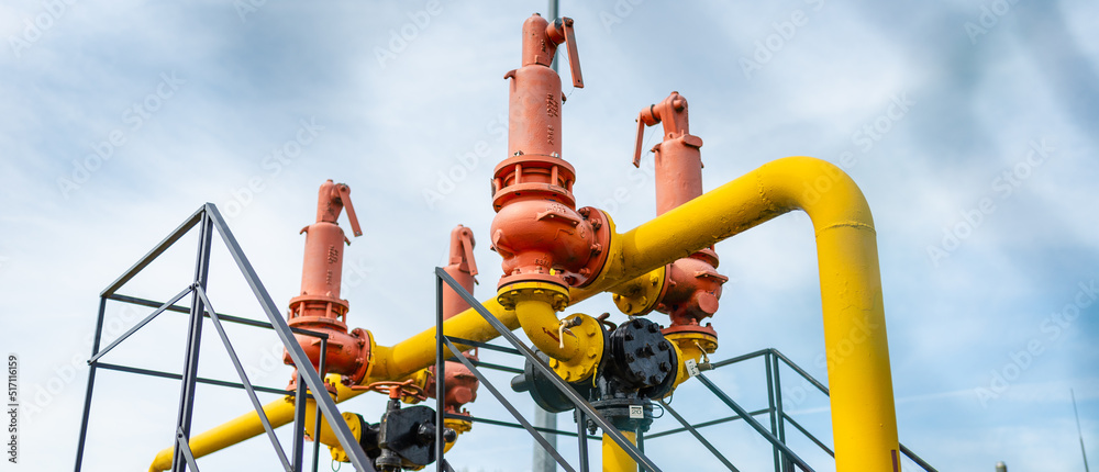 Valves at gas plant,pressure safety valve,selective focus.Background ...