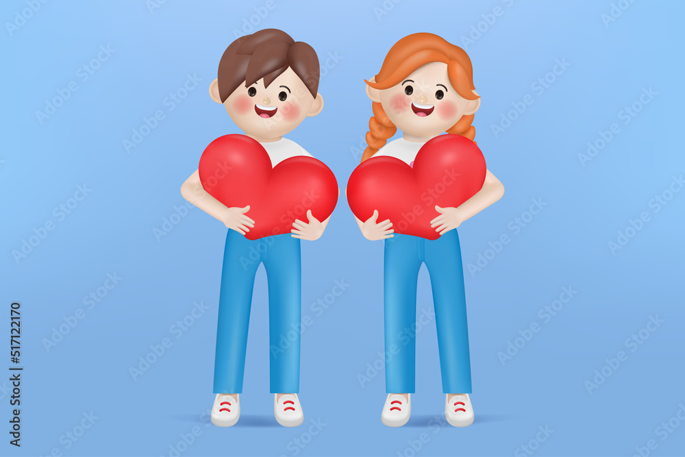 3d Illustration Cartoon Cute Woman And Man Character Holding A Hart 3d Shape 3d Vector Cartoon