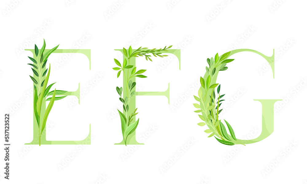 Ecology english alphabet letters. Green leaves font. E,F,C letters ...