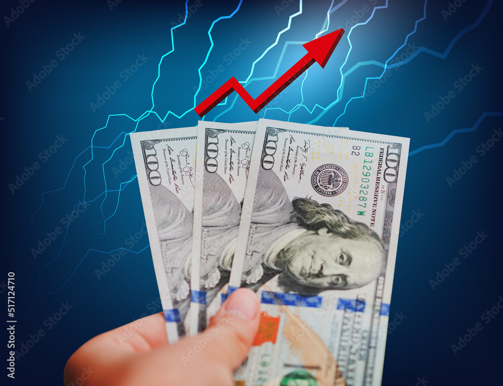 Inflation, dollar hyperinflation in the USA. Three of 100 dollar bills ...