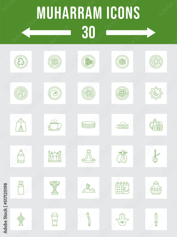 Green Linear Style Muharram Square Icon Or Symbol Set. Stock Vector ...