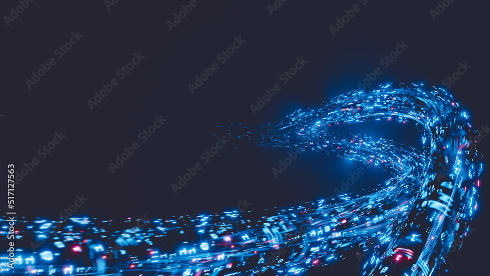 3D Rendering of abstract curve binary data. Glowing digital dots and ...