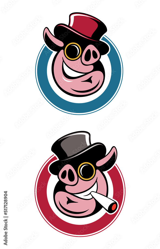 Cartoon style pig in the cylinder hat, smoking cigar. Pig logo concept ...
