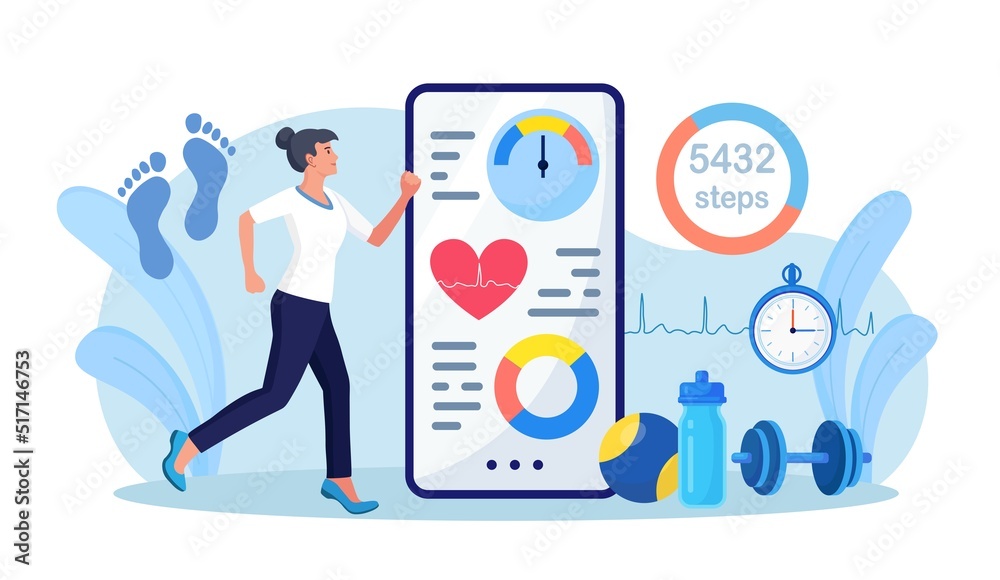 Sport Woman Using Phone For Counting Steps Step Counter And Pedometer Activity App Measurement