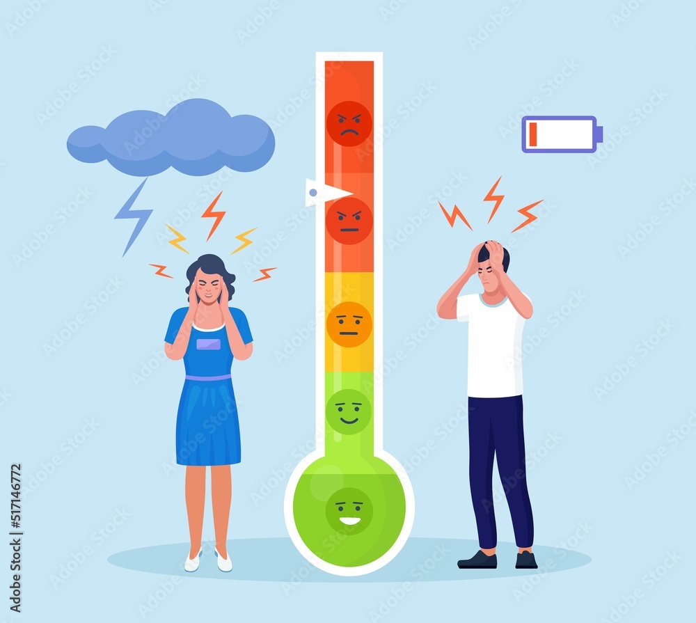 Thermometer as stress level scale emotions. Scale with arrow from red ...