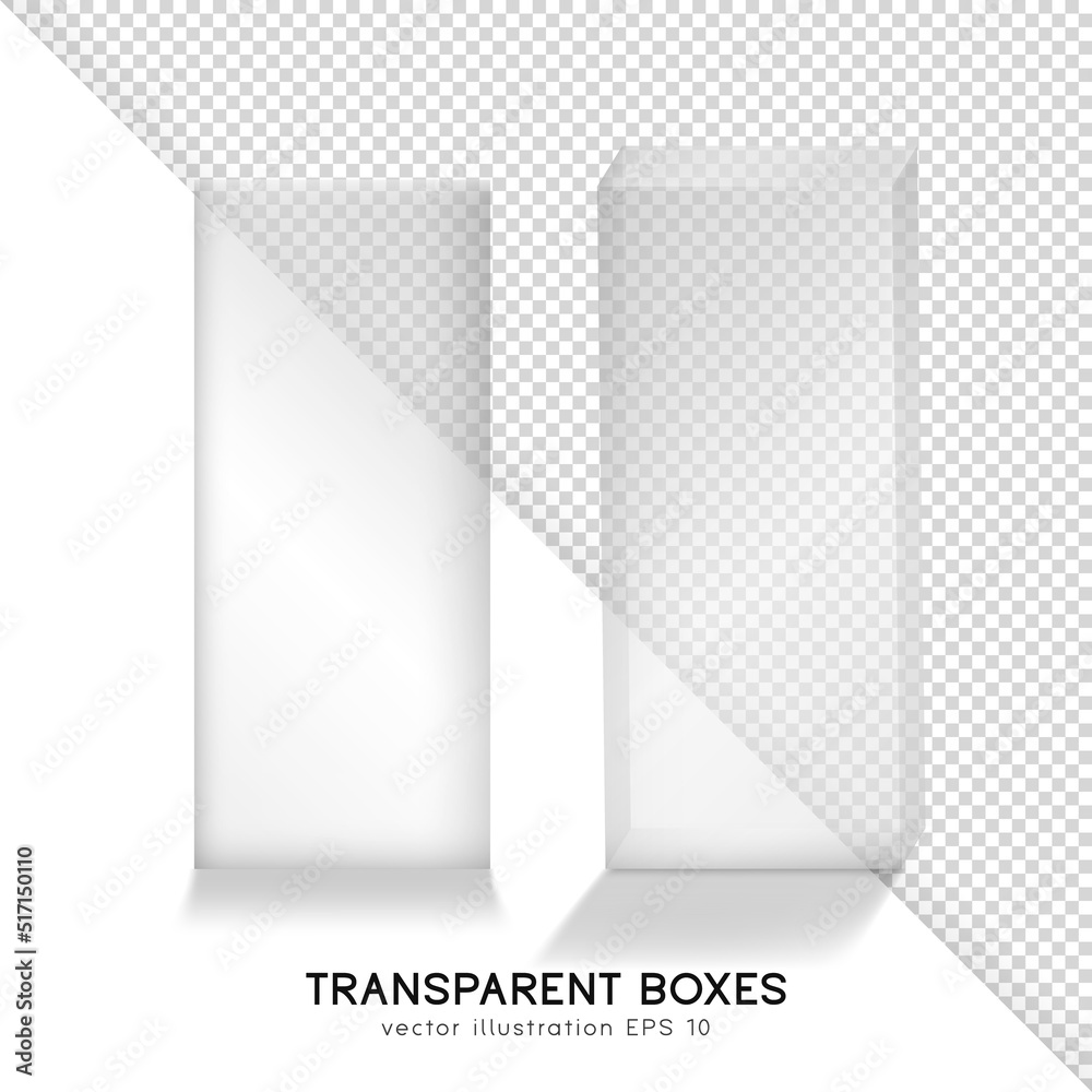 Realistic empty white transparent product boxes. Isolated tall plastic ...