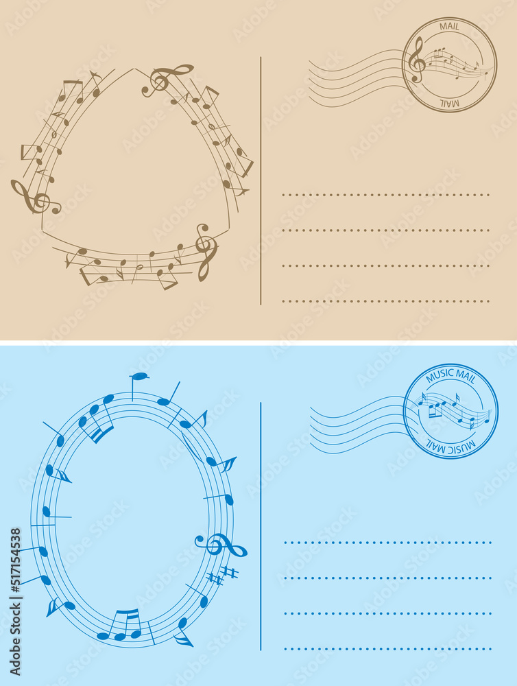postcards with music notes - vector postage cards for music events ...