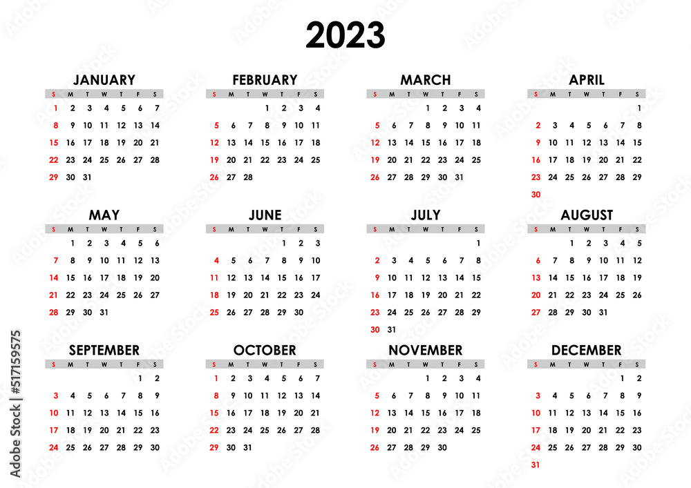 Calendar Year 2023 template. Annual Horizontal mockup. Weeks starts on ...