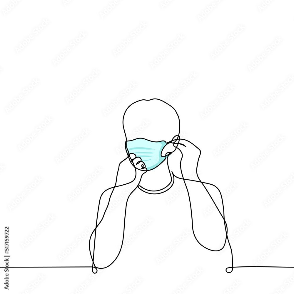 man putting on a mask - one line drawing vector. concept the return of ...