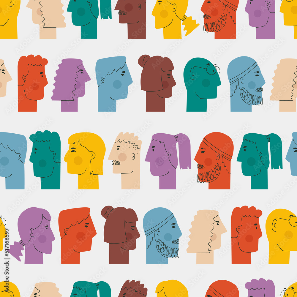 Vector seamless pattern with different faces of people. Unrealistic men ...