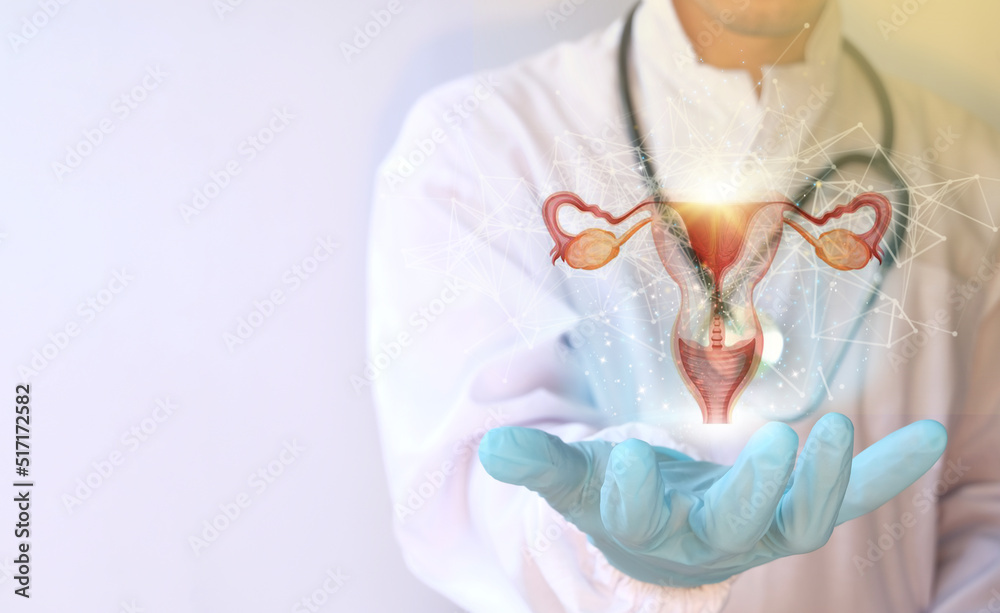 Doctor examines hologram of female uterus and examines test results ...