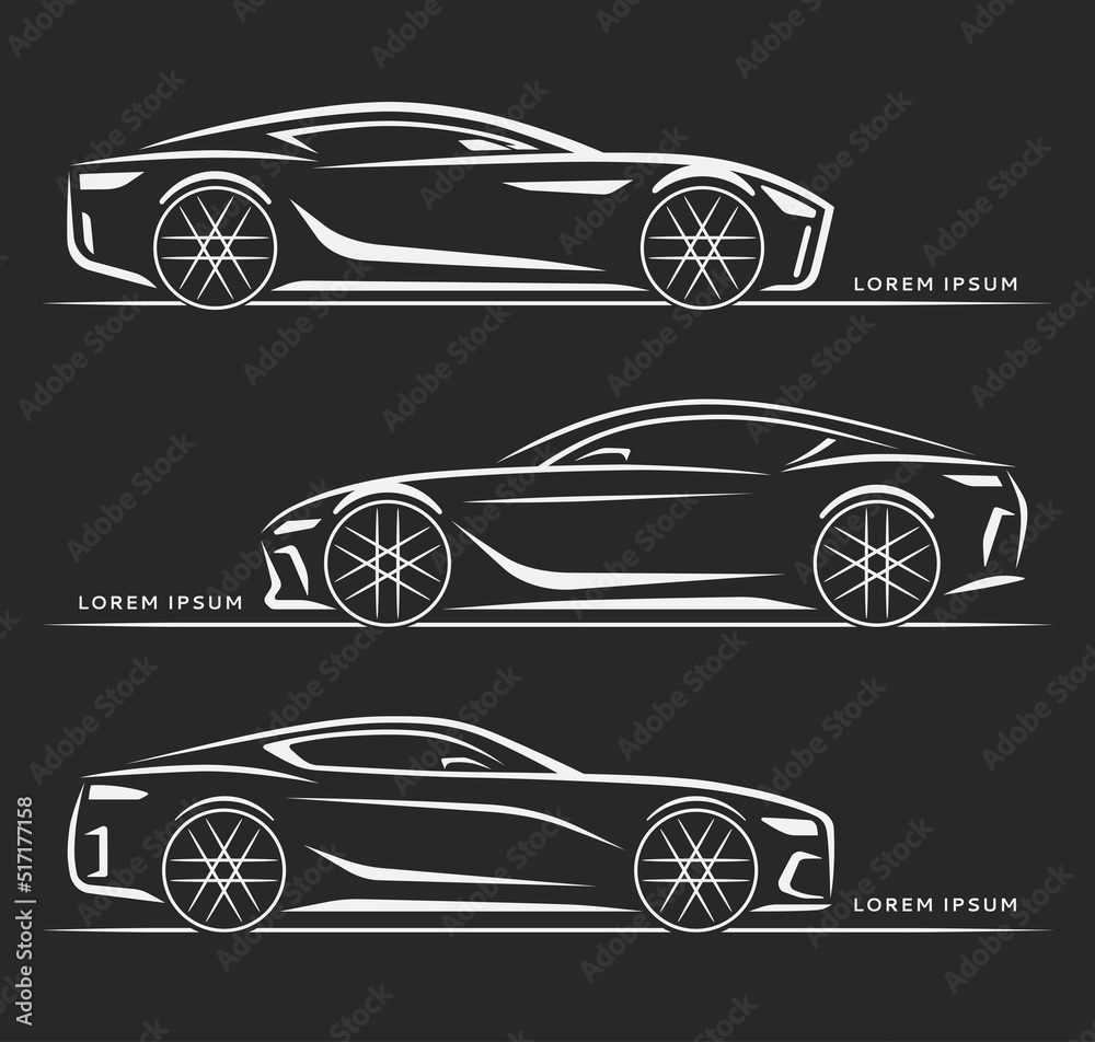 Set of modern sports car silhouettes. Sports car contours, logo design ...