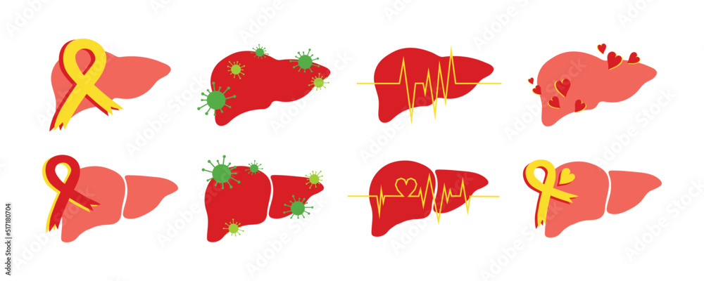 World Hepatitis Day set with liver organ, with red and yellow ribbon ...