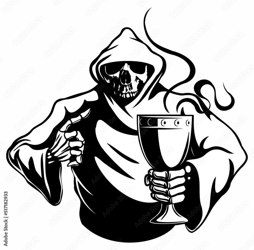 Human hooded skeleton vector image, holding the bowl of wine. Isolated ...