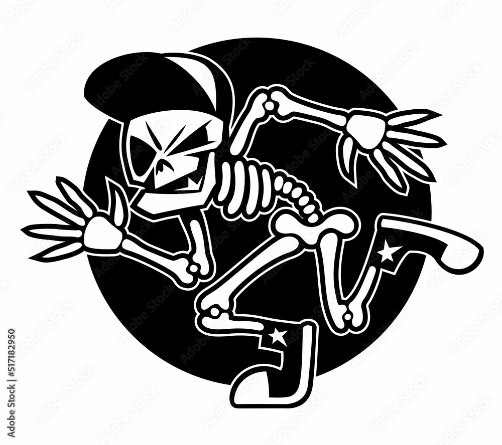 Cartoon style funny running human skeleton with the baseball cap ...