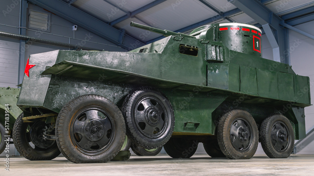 A floating armored car armed with machine guns. Old military equipment ...