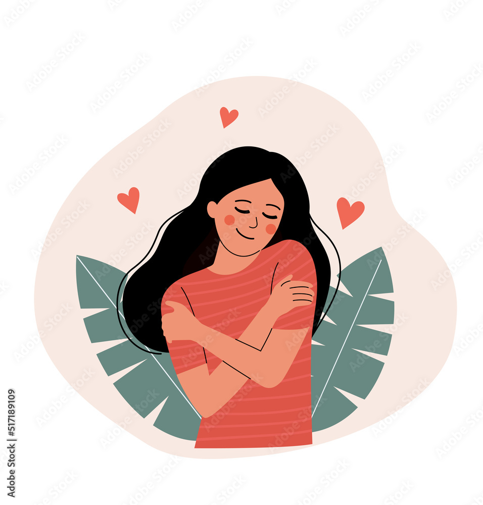 Happy young woman hugging herself with enjoying emotions isolated ...