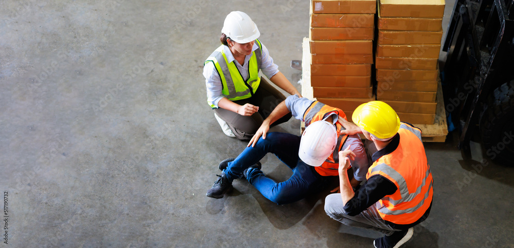 Top view. First Aid and safety first. Engineering talking on walki ...